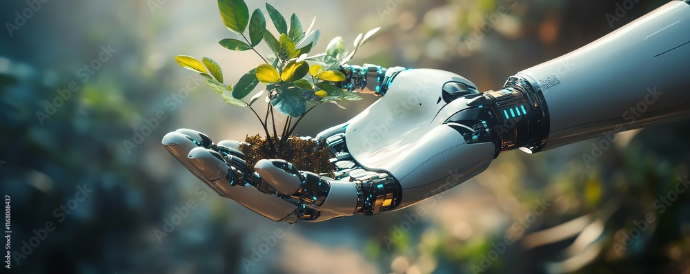 Sustainable development goals SDGs, robot hand holding plants ...
