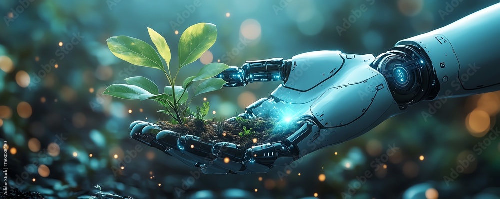 Sustainable development goals SDGs, robot hand holding plants ...