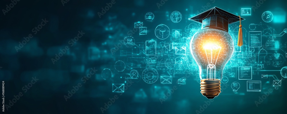 Elearning graduate program concept, lightbulb with graduation cap and ...