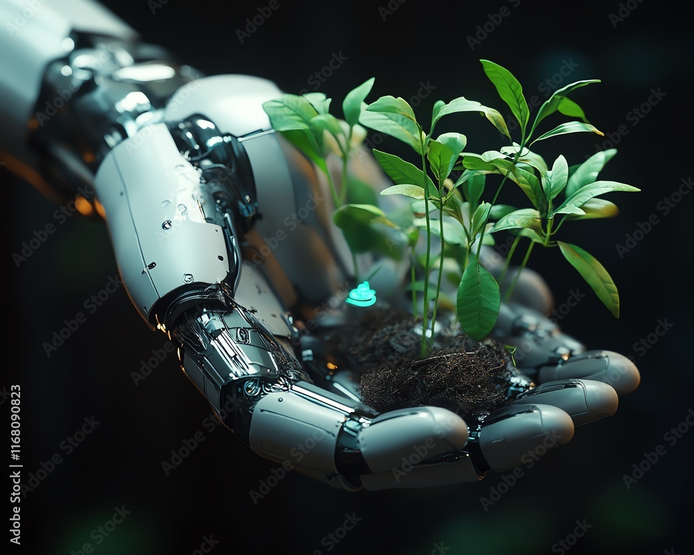 Robot hand holding small plants with environment icon, SDGs concept ...
