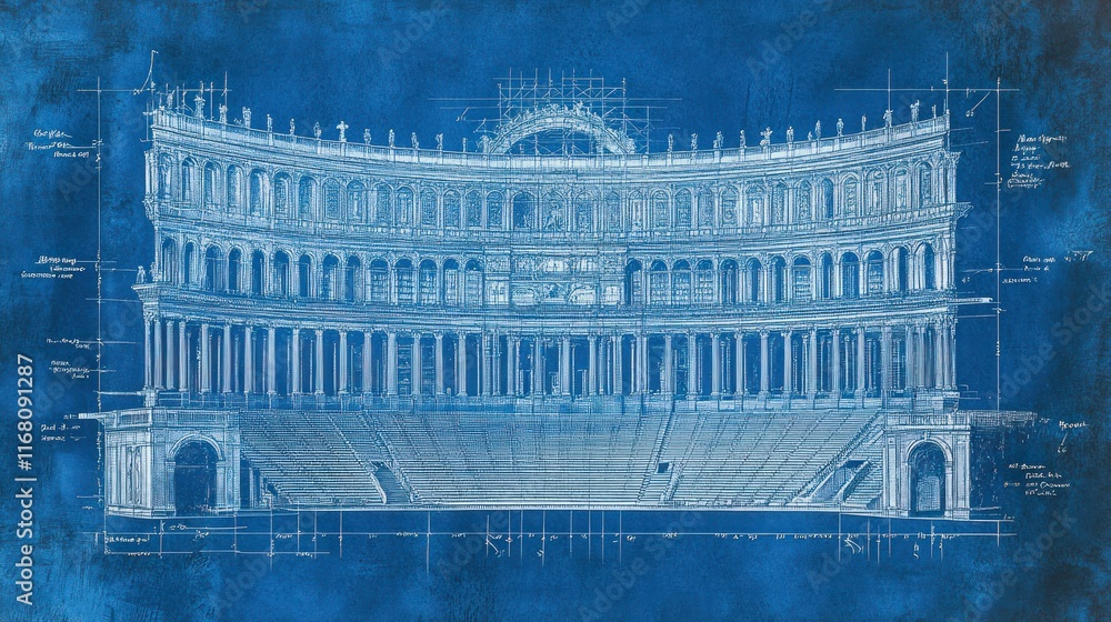 Architectural blueprint of a grand amphitheater on a blue background ...