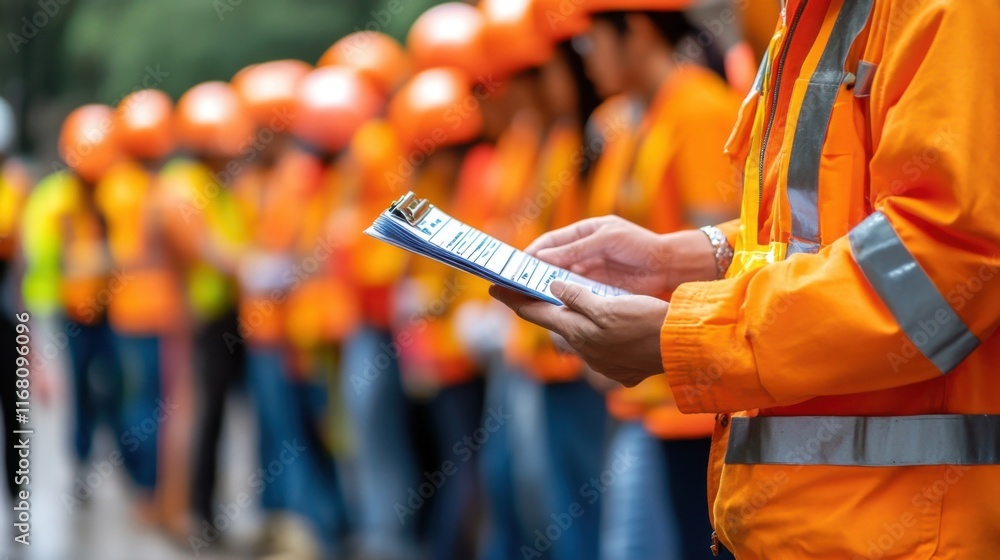 Construction Safety Supervisor Leading Team with Checklist, Workplace ...
