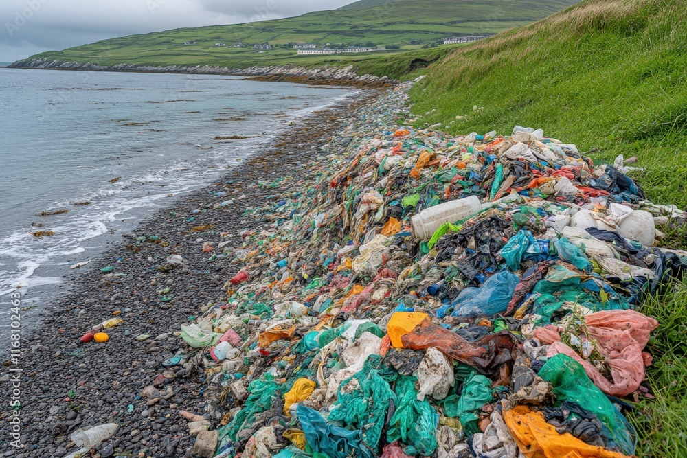 Foto Coastal pollution A massive pile of plastic waste litters a scenic ...