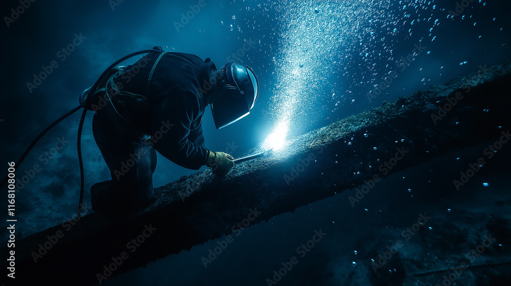 Foto de Stock Welder underwater crafting a joint on a steel beam ...