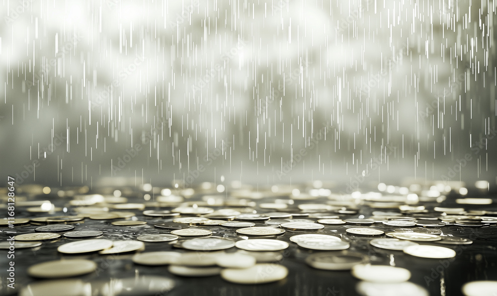 financial Rain falls on a surface covered with scattered coins ...