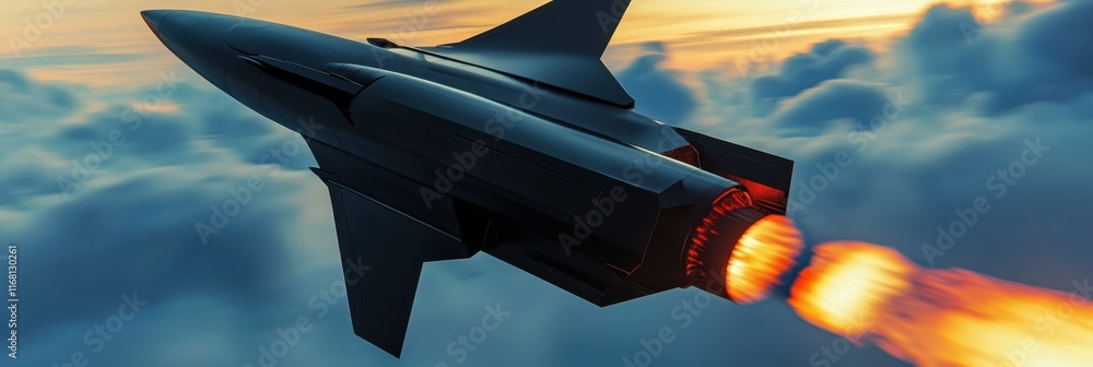 Jet engine exhaust flame, aircraft wing silhouette, stratosphere view ...