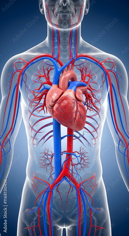 Detailed human circulatory system anatomy, showcasing the heart ...