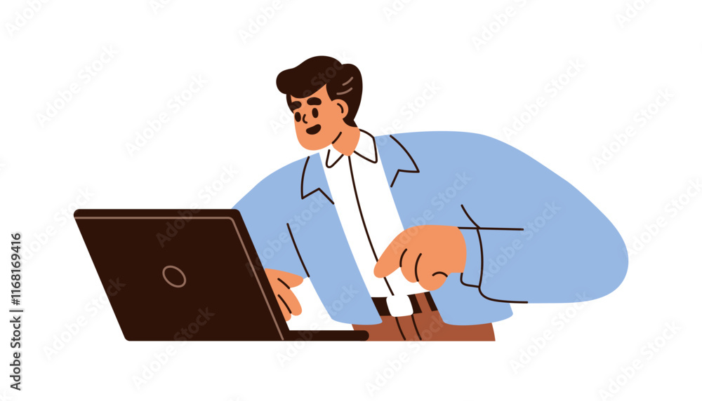 Business man at laptop. Happy office worker, employee at computer ...