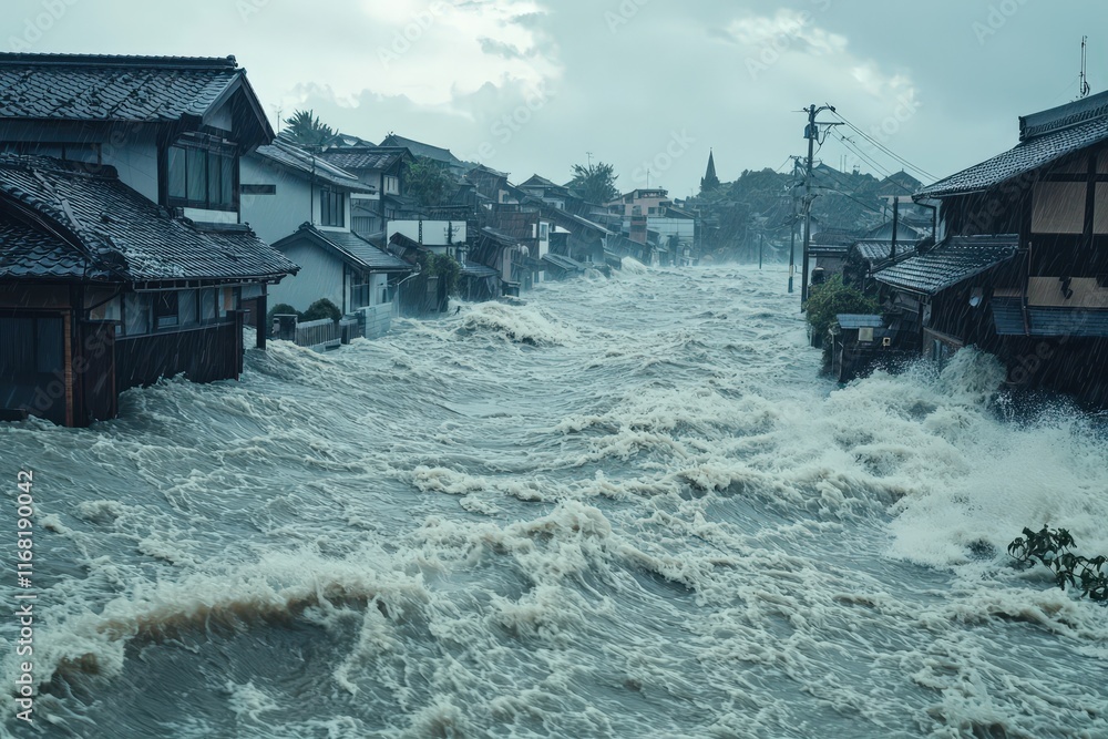 Devastating hurricane hit the city, houses are washed away by water ...