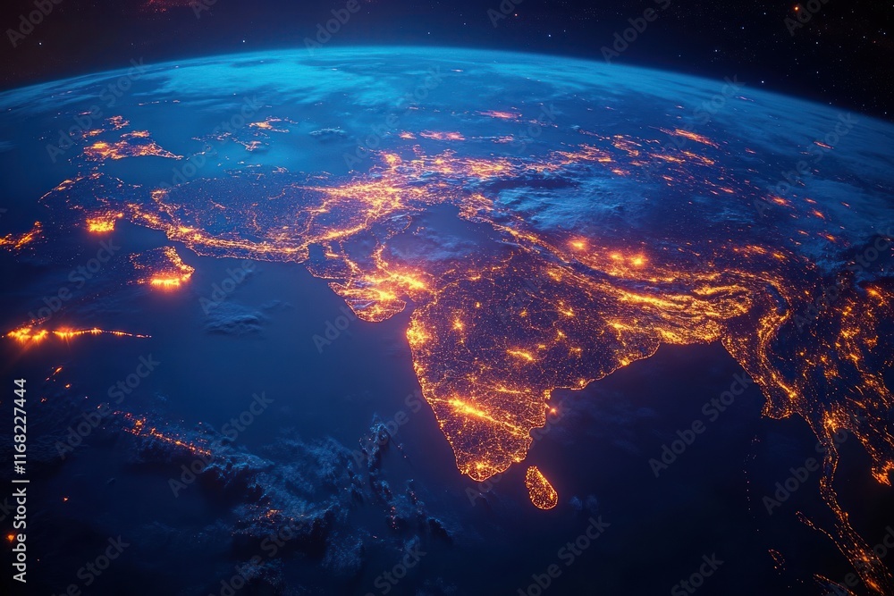 Stunning Satellite View of Asia at Night with City Lights and Dramatic ...