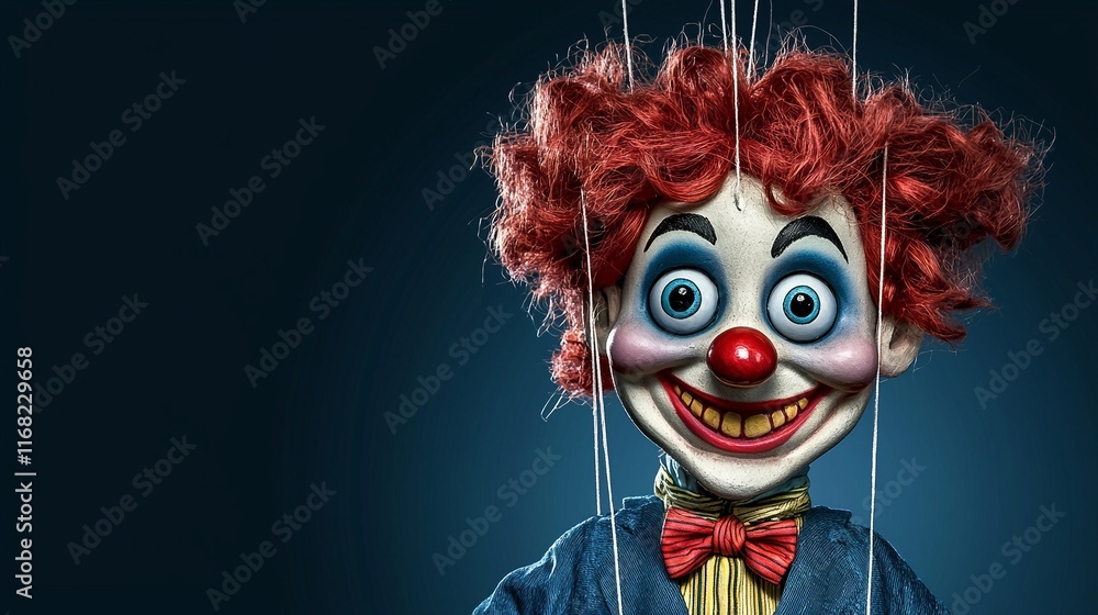 Grinning marionette clown, strings visible, dark background, horror ...