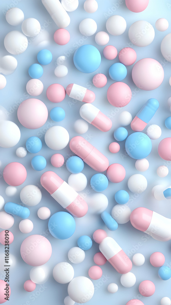 Pastel pills and spheres scatter on light blue background; healthcare ...