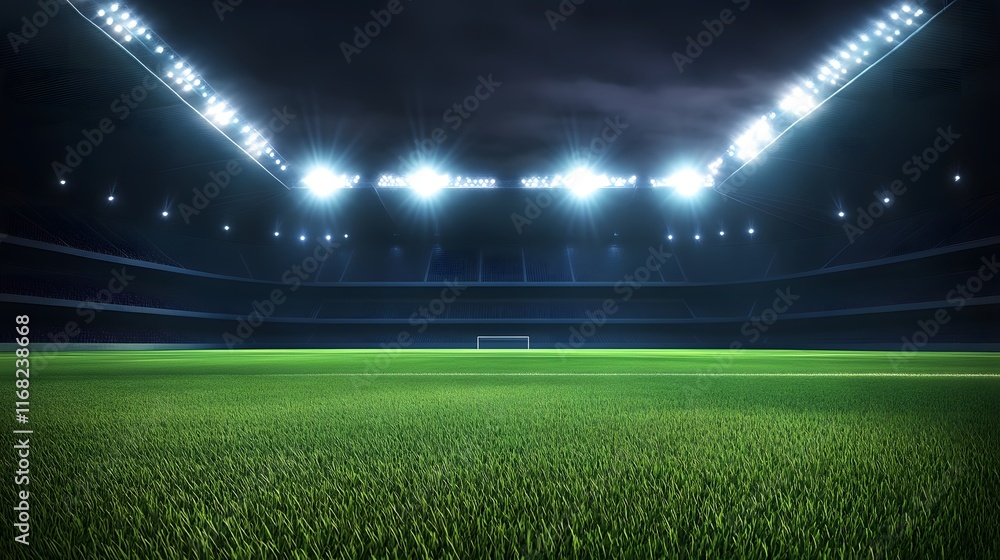 Universal grass stadium illuminated by spotlights and empty green grass ...
