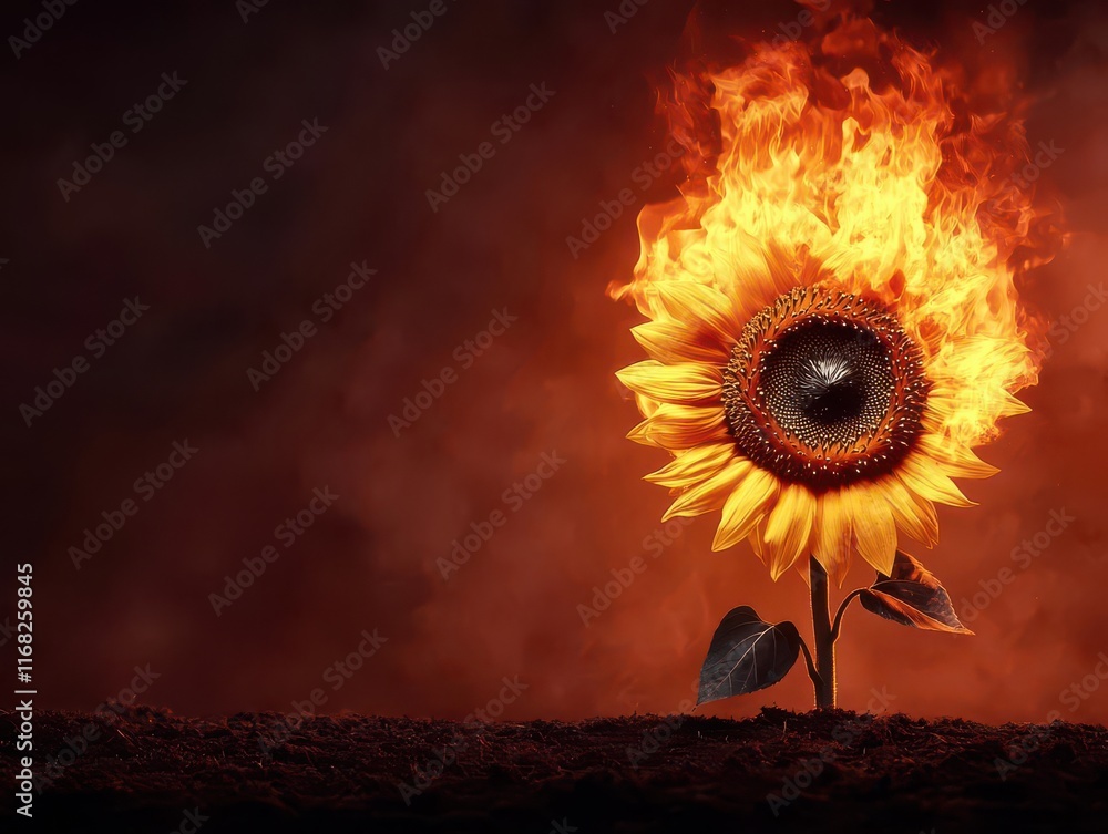 climate change impact. A creative poster showing a glowing sunflower ...