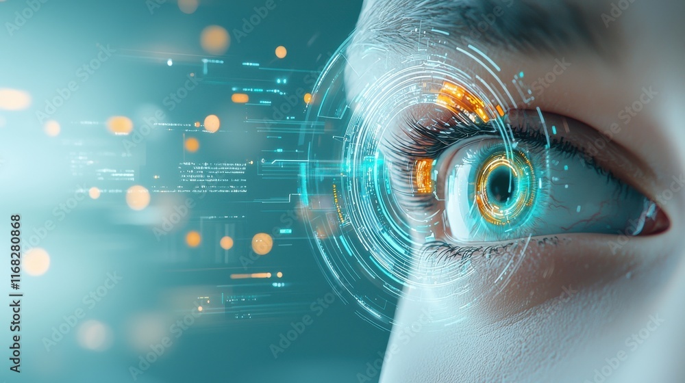 Futuristic ai-powered robotic eye glowing close-up high-tech laboratory ...