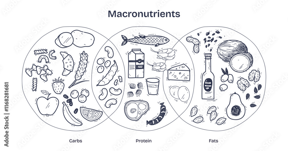 Macronutrients-Doodle-Diagram shows carbs, proteins, and fats with food ...