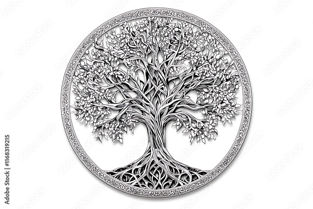 Tree of Life circle, black and white illustration Stock Illustration ...