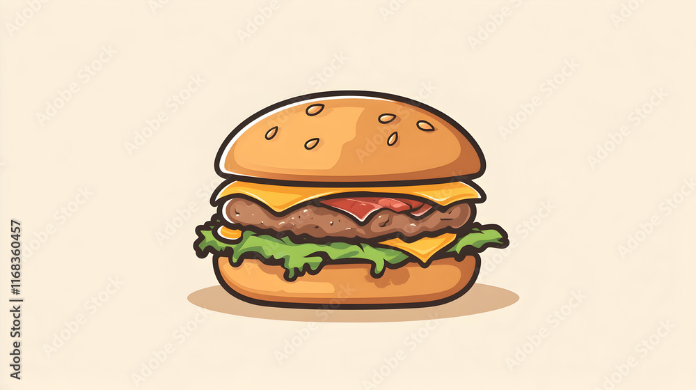 Cartoon Cheeseburger Illustration, Food Menu Design, Beige Background ...