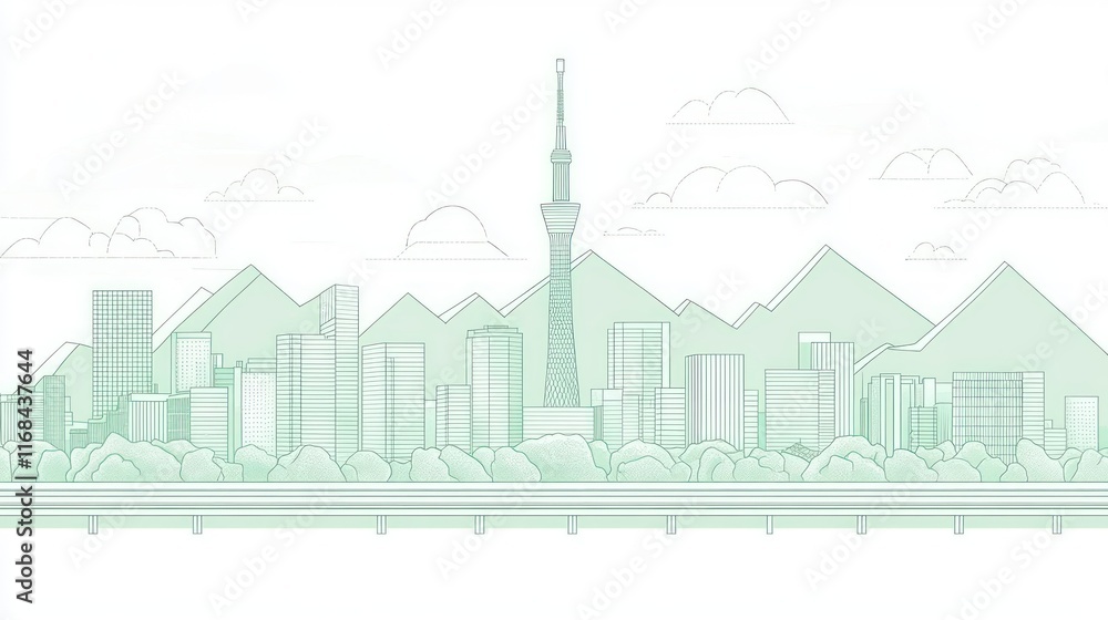 Tokyo skyline, growth chart, road, clouds, illustration, city planning ...
