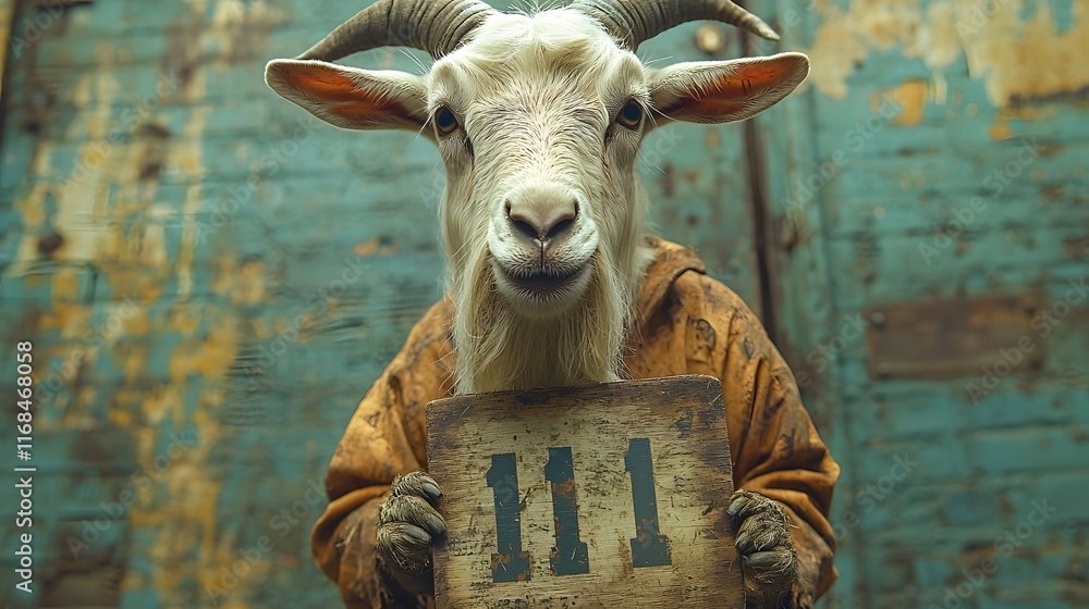 Humorous Goat in Prison Uniform Holding Mugshot Board with Quirky ...