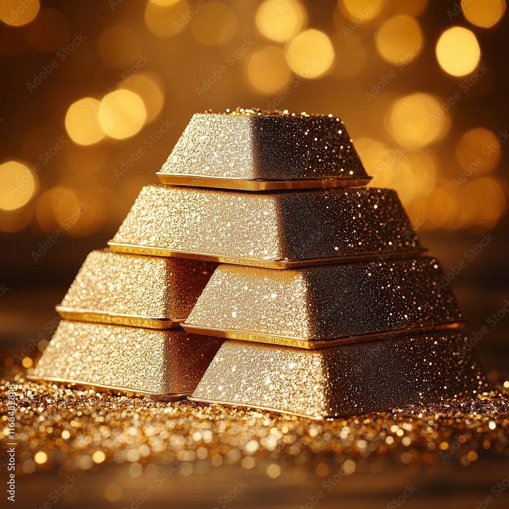 Pyramid of glittering gold bars on golden background. Stock ...