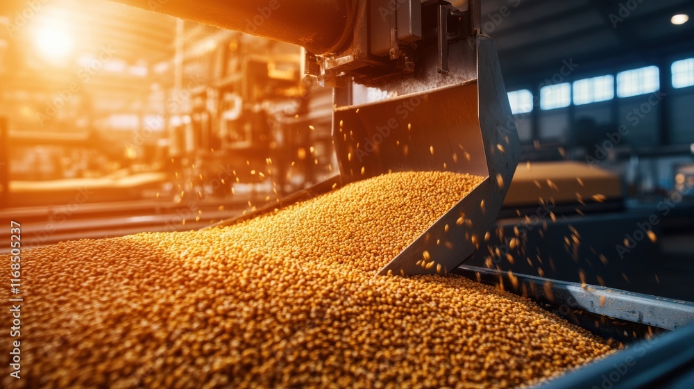 A close-up view of grains pouring from a machine in a warehouse ...
