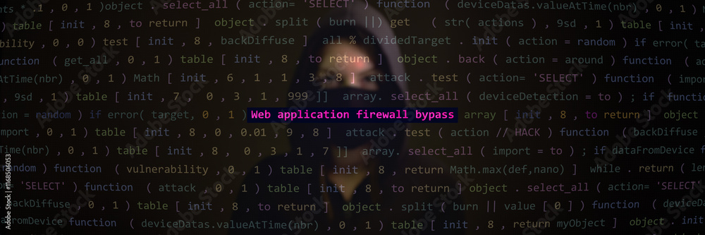 Cyber attack web application firewall bypass text in foreground screen, hacker in the blurred ...