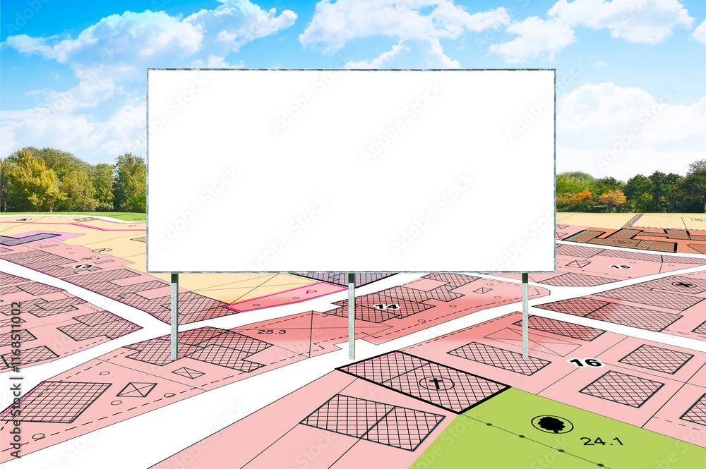 BLANK ADVERTISING BILLBOARD AGAINST A FICTIONAL GENERAL URBAN PLAN ...