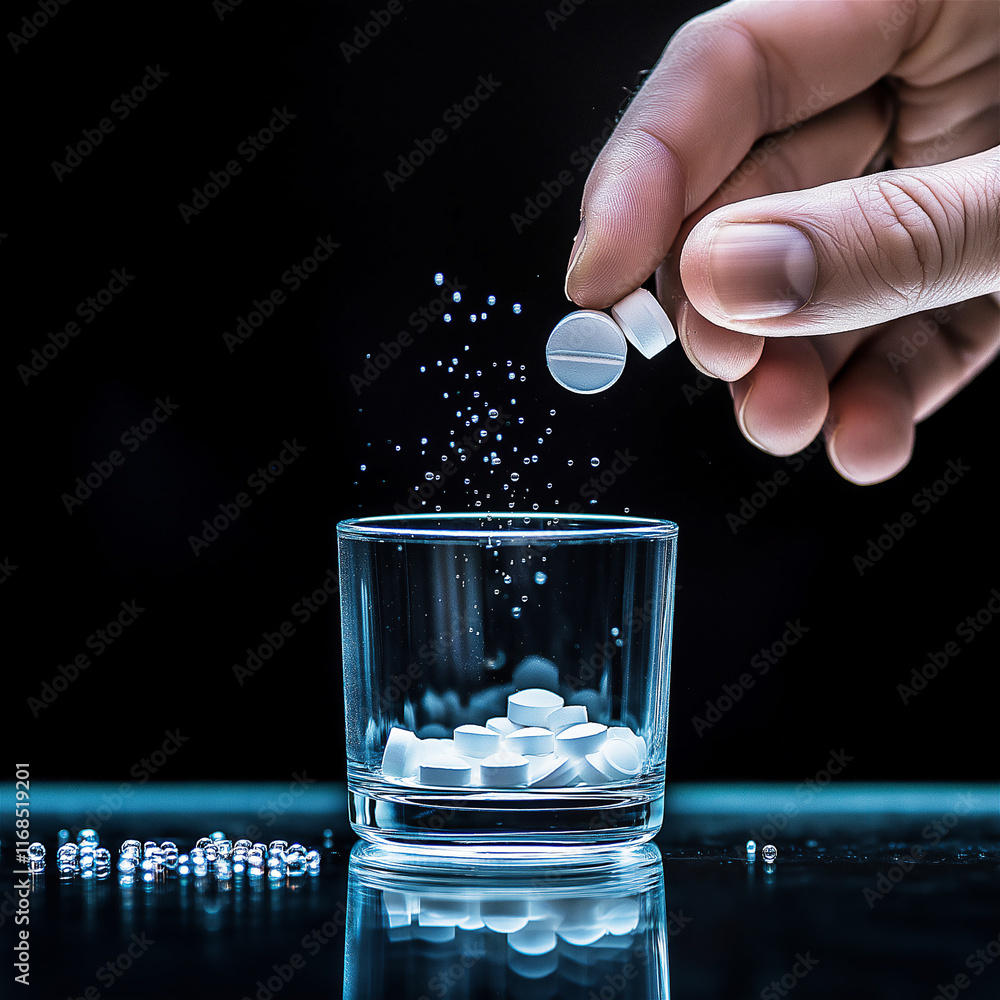 Dropping a pill into a glass of water, creating a splash, representing ...