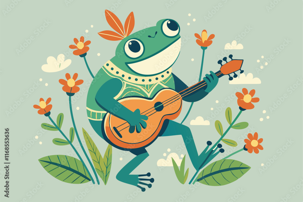 cute frog plying banjo, cottagecore style with flower clean silhouette ...