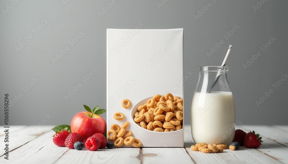Mockup Breakfast Cereal Box on white background with milk and fruit ...
