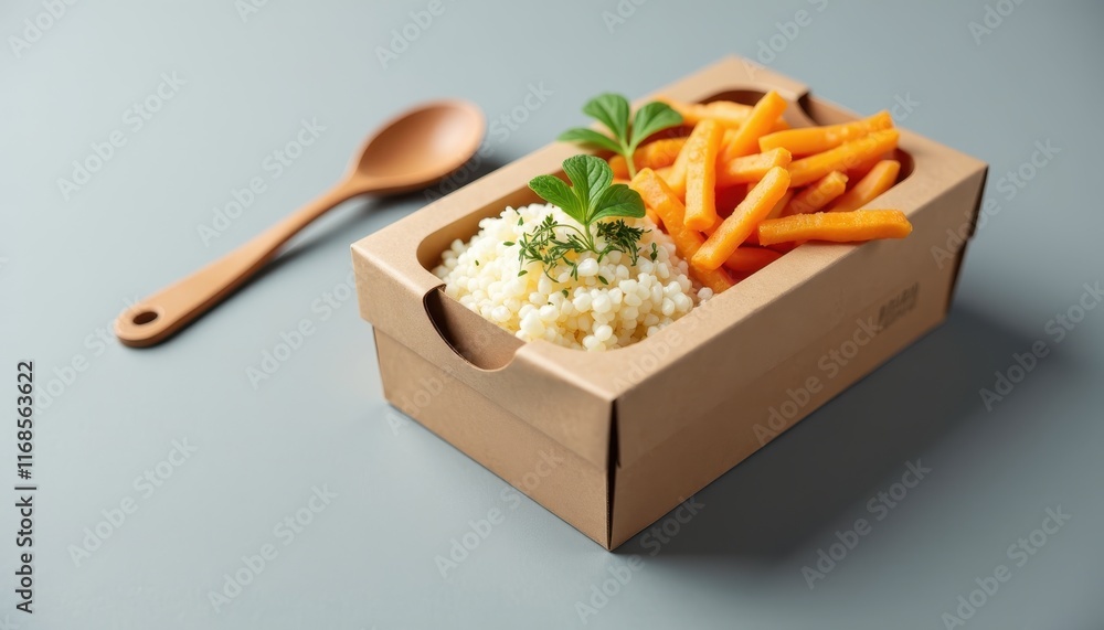 Mockup Frozen Meal Box on white background with microwave and spoon ...