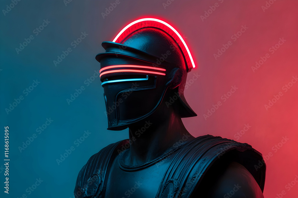 Glowing neon armored Roman warrior posing dynamically, merging ...