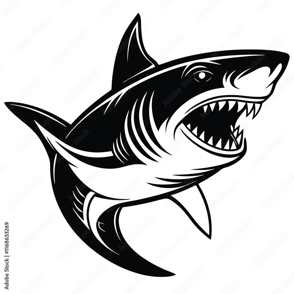 Stylized shark illustration, black and white graphic, aggressive pose ...