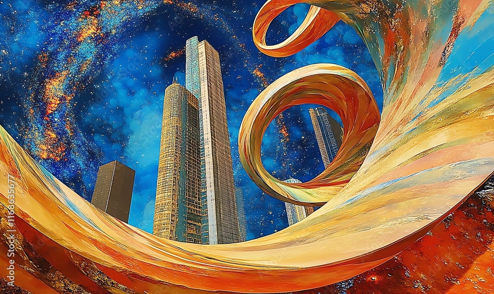 Surreal city where buildings are bending and twisting like dancing ...