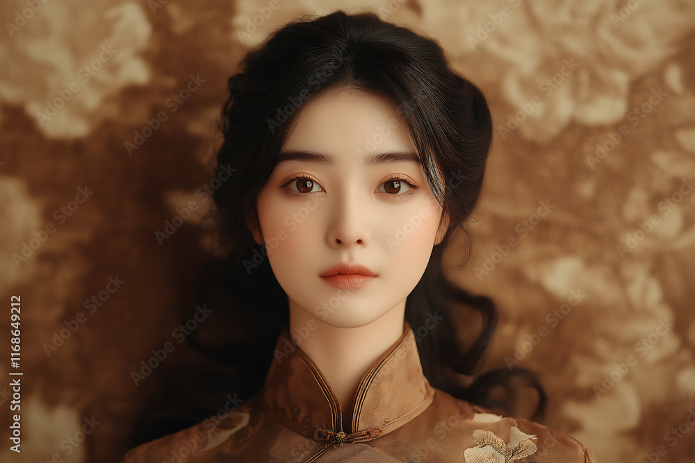 beautiful chinese woman wearing mocha mousse colored chinese qipao ...