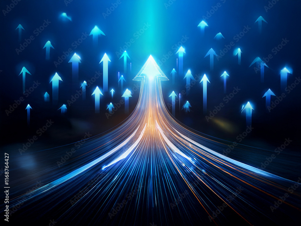 Glowing arrows converge, forming a radiant upward trajectory symbolizing growth, progress, and ...