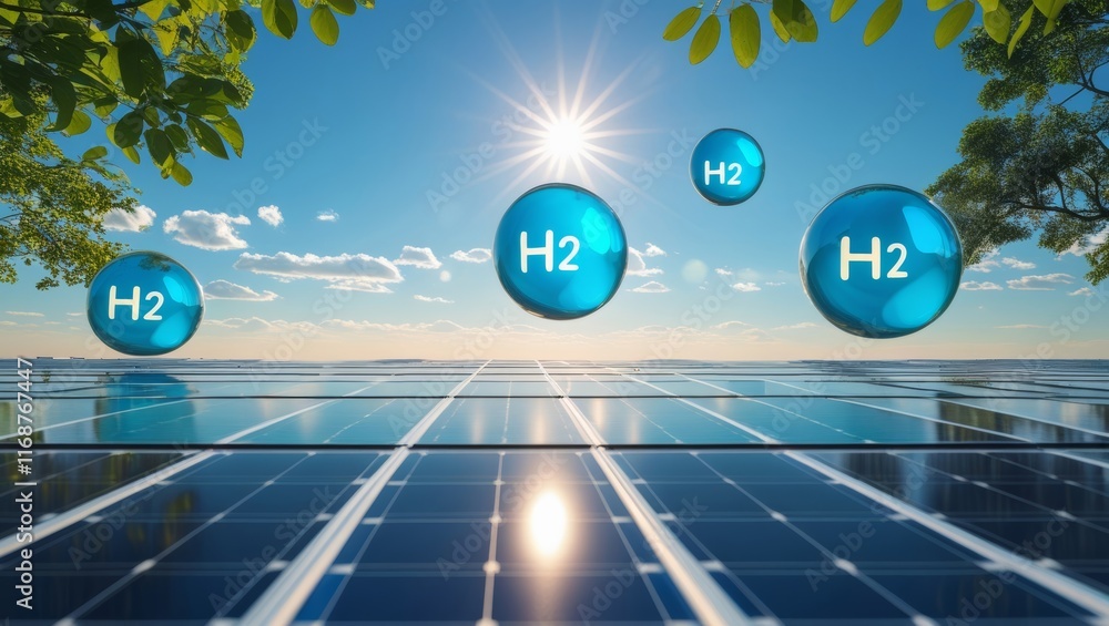 Solar panels and H2 hydrogen bubbles under the bright sun, representing ...