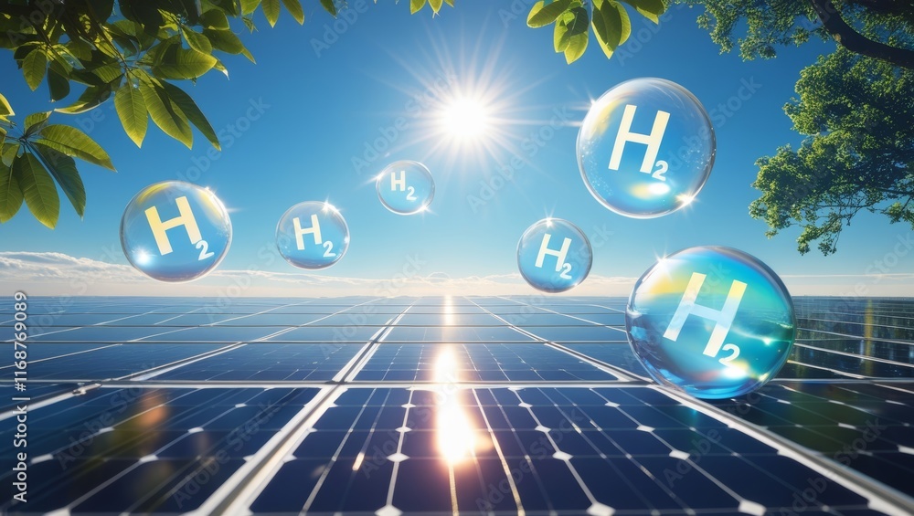 Bright solar panels reflecting sunlight, hydrogen bubbles labeled H2 ...