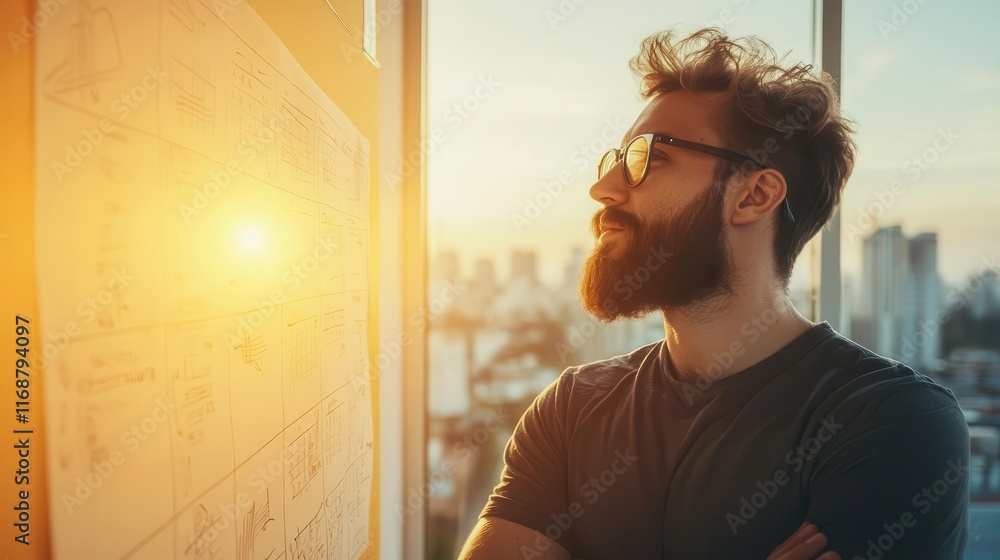 Startup founder writing key goals on a large wall calendar, emphasizing ...