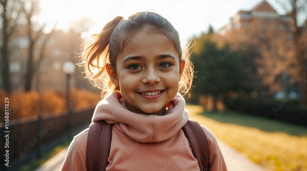 Young girl walking to school under bright morning sunlight Stock Photo ...