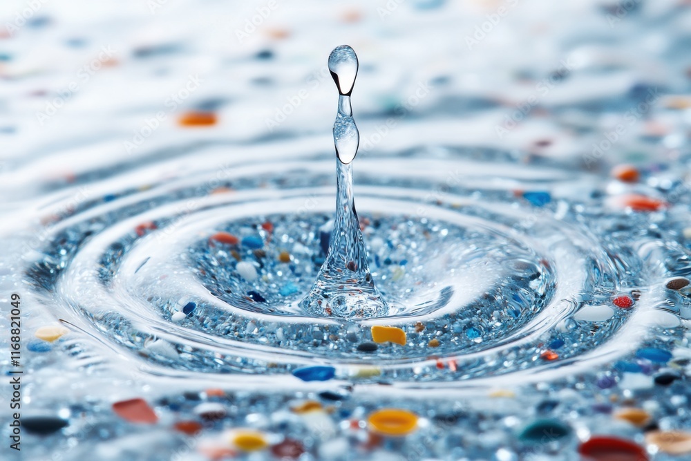 Water droplet creating ripple effect with colorful microplastics ...