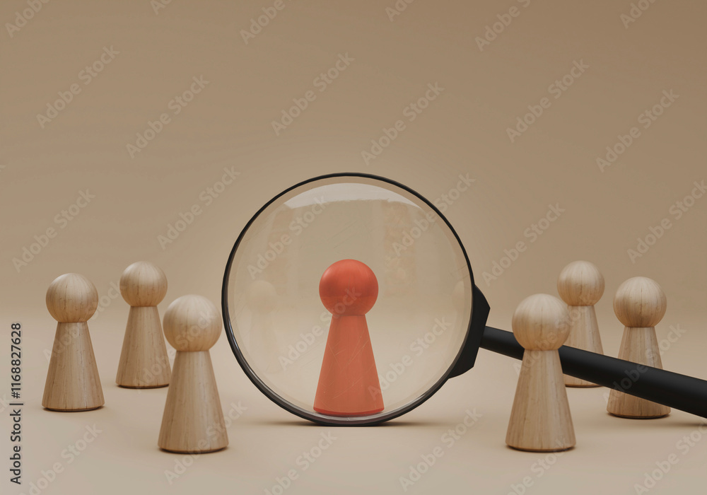 magnifying glass focuses on a red figure in the crowd with beige ...