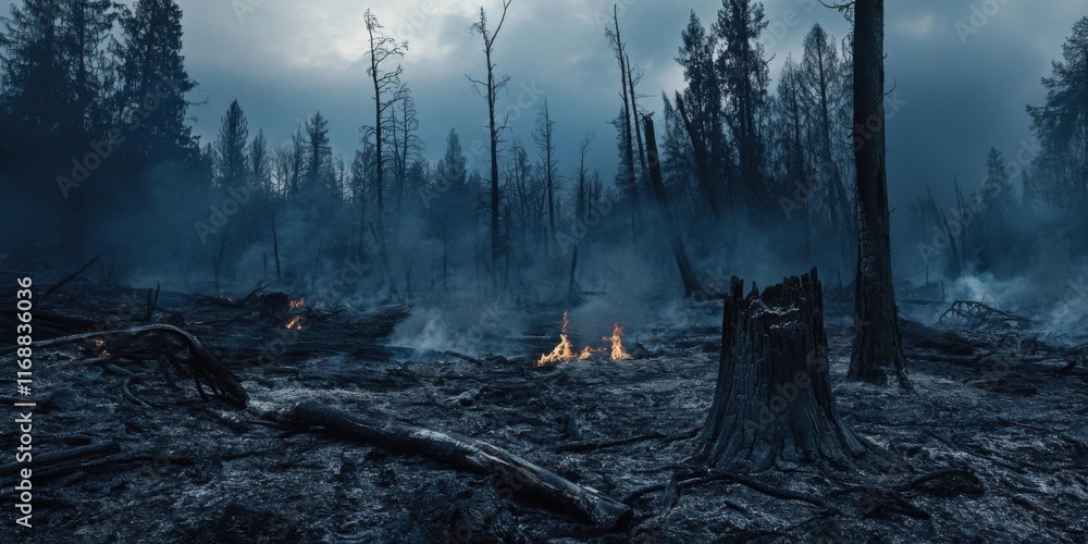 A forest reduced to smoldering ashes after a wildfire, with a few ...