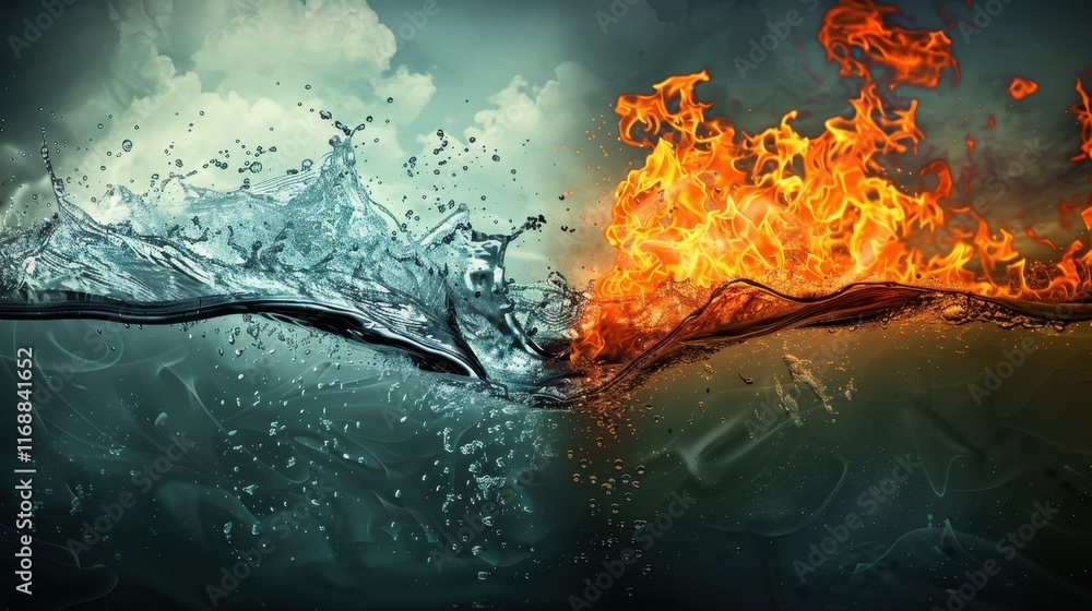 Abstract ice and fire art, a creative design of cold water vs hot flame ...