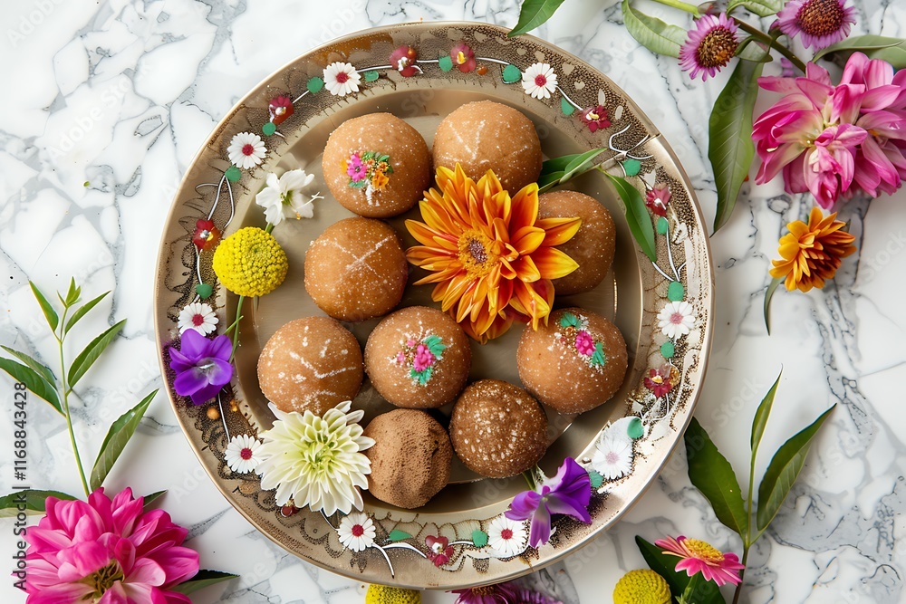 sankranti sweets and tilgul arranged on traditional plate with flowers ...