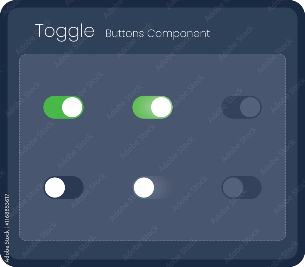On and Off toggle switch buttons. Green active state and grey inactive ...