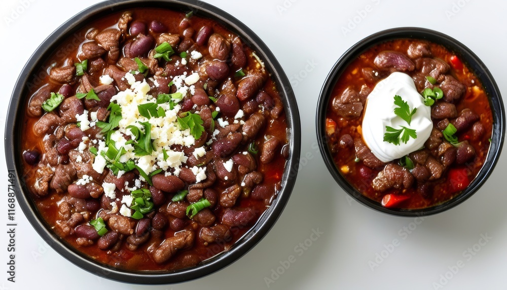 Hearty Beef Chili with Beans and Toppings in Large and Small Bowls ...