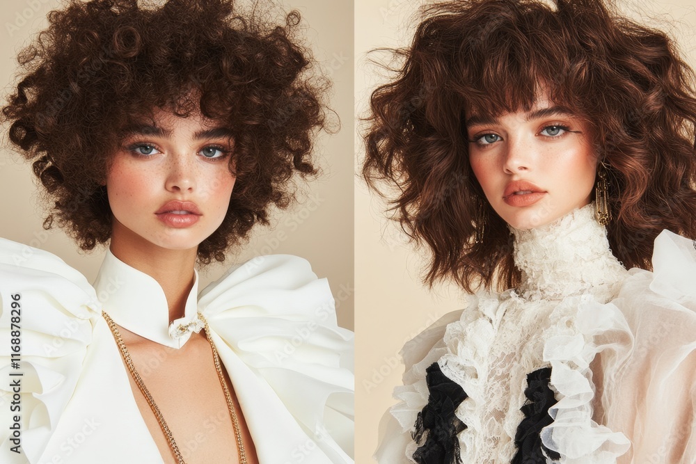 A layered gold chain necklace draped elegantly over a model collarbone ...