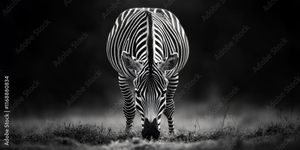 A striking black and white image of a zebra facing forward. The bold ...